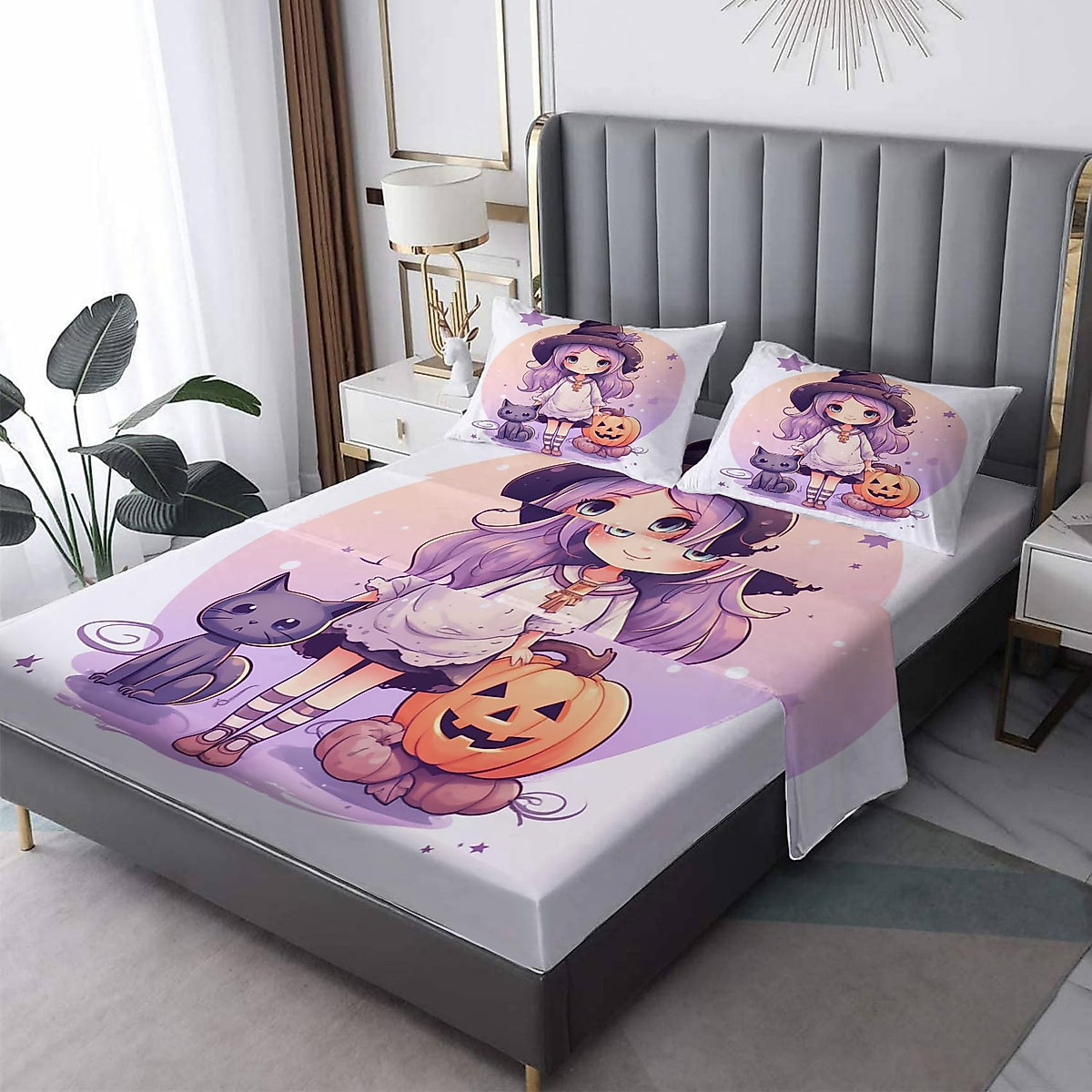 Halloween Sheets Full Size, Witch Pumpkin Bed Sheets, Patterned Bedding Sheets & Pillowcases 4 Piece Set - Soft Microfiber Deep Pocket Fitted Sheet & Flat Sheet & 2 Pillow Cases Z8-&-40