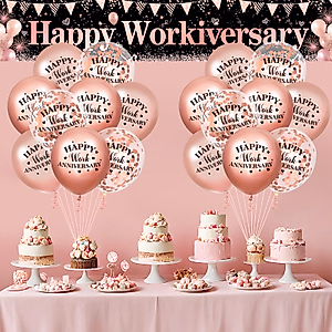 Happy Work Anniversary Decorations Banner Rose Gold Happy Workiversary Banner Yard Sign with 18 Pcs Balloons for Office Anniversary Party Decoration Employee Appreciation Banner Office Party Supplies