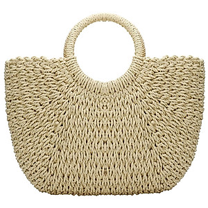 Straw Bags for Women, Hand-woven Straw Large Hobo Bag Round Handle Ring Toto Retro Summer Beach bag (Beige)
