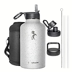 Half Gallon Water Bottle Insulated with Straw&3 Lids, Coolflask 64 oz Water Jug Galaxy Large Metal Stainless Steel flask for Gym, Sports and Office, Keep Cold 48H Hot 24H, Arctic White