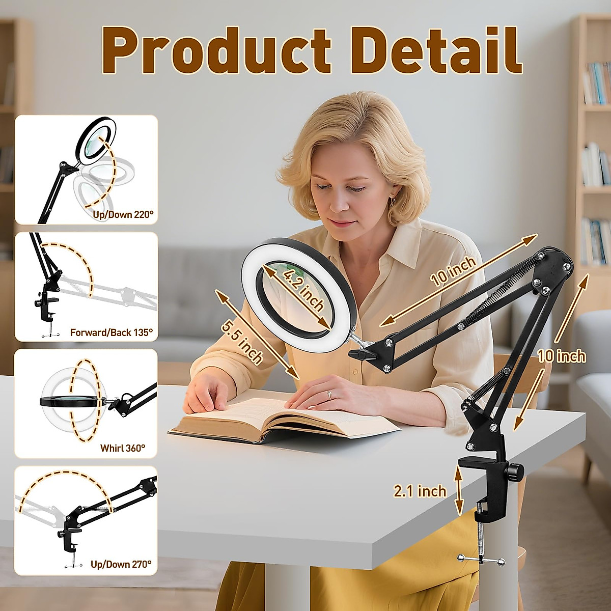 5X Magnifying Glass with Light and Stand, KIRKAS 2-in-1 Real Glass Lens Magnifying Desk Lamp with Clamp, 3 Color Modes, Stepless Dimmable Magnifier Light for Close Work Repair Reading Crafts- Black