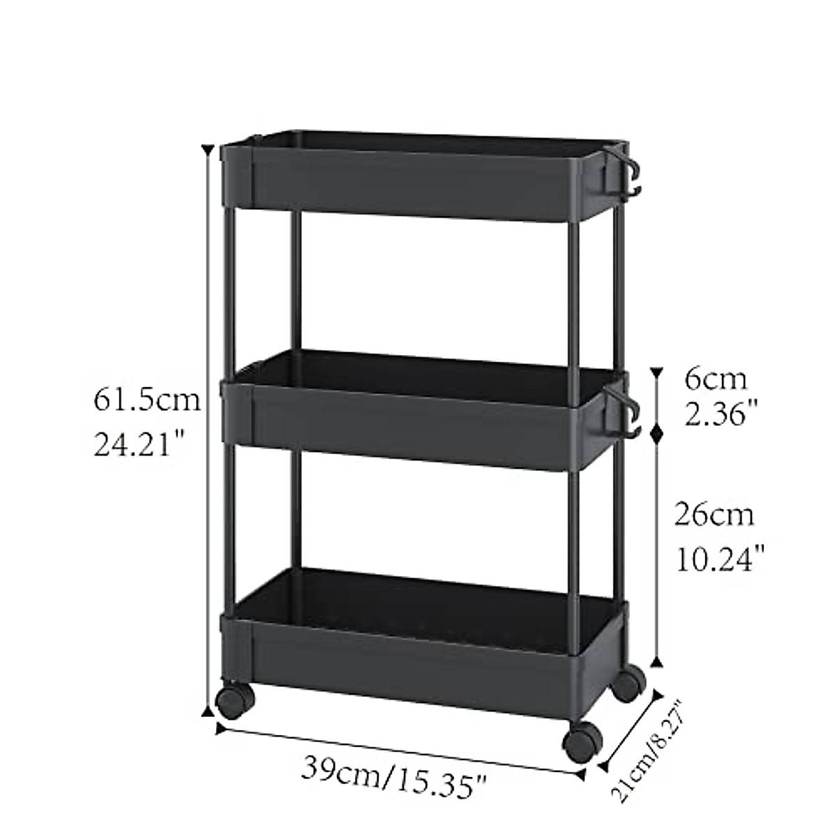 Boeeoan 3 Tier Rolling Utility Storage Cart, Mobile Shelving Organizer with Hooks for Kitchen Bathroom Laundry Room Living Room, Black