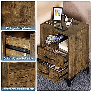 LYNCOHOME Nightstand with Wireless Charging Station and LED Lights, Modern End Table with 2 Drawers and Open Storage for Bedroom, Brown