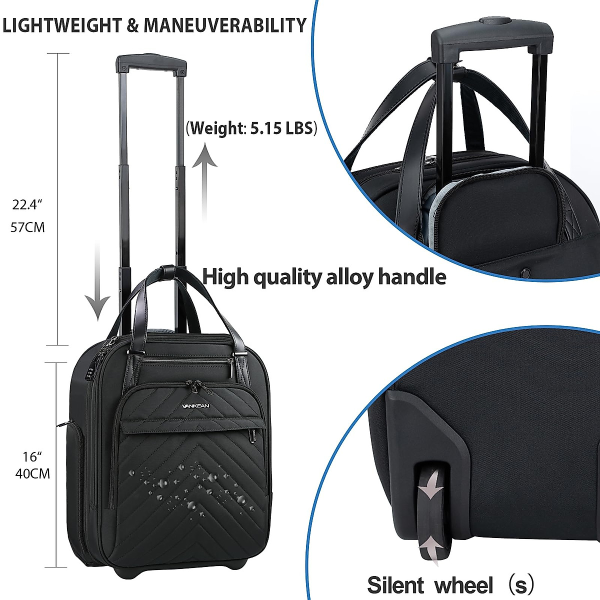 VANKEAN Carry On Underseat 16-inch Multi-functional Underseater Lightweight Overnight Suitcase with Wheels Roller Case for Women Men Travel Business, Black