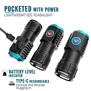 TsukiTac Mini Flashlight, 2000 Lumens, Rechargeable Compact LED Flashlight, Lightweight Pocket Sized EDC Flashlight for Camping, Hiking, Torch for Outdoor (Size-M)