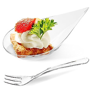 TOFLEN 100ct 4 Inch Mini Appetizer Plates with Tasting Forks - Reusable Clear Plastic Party Serving Trays Mini Plates for Appetizers and Desserts - Tear Drop Tasting Spoon Mini Dish Bowls
