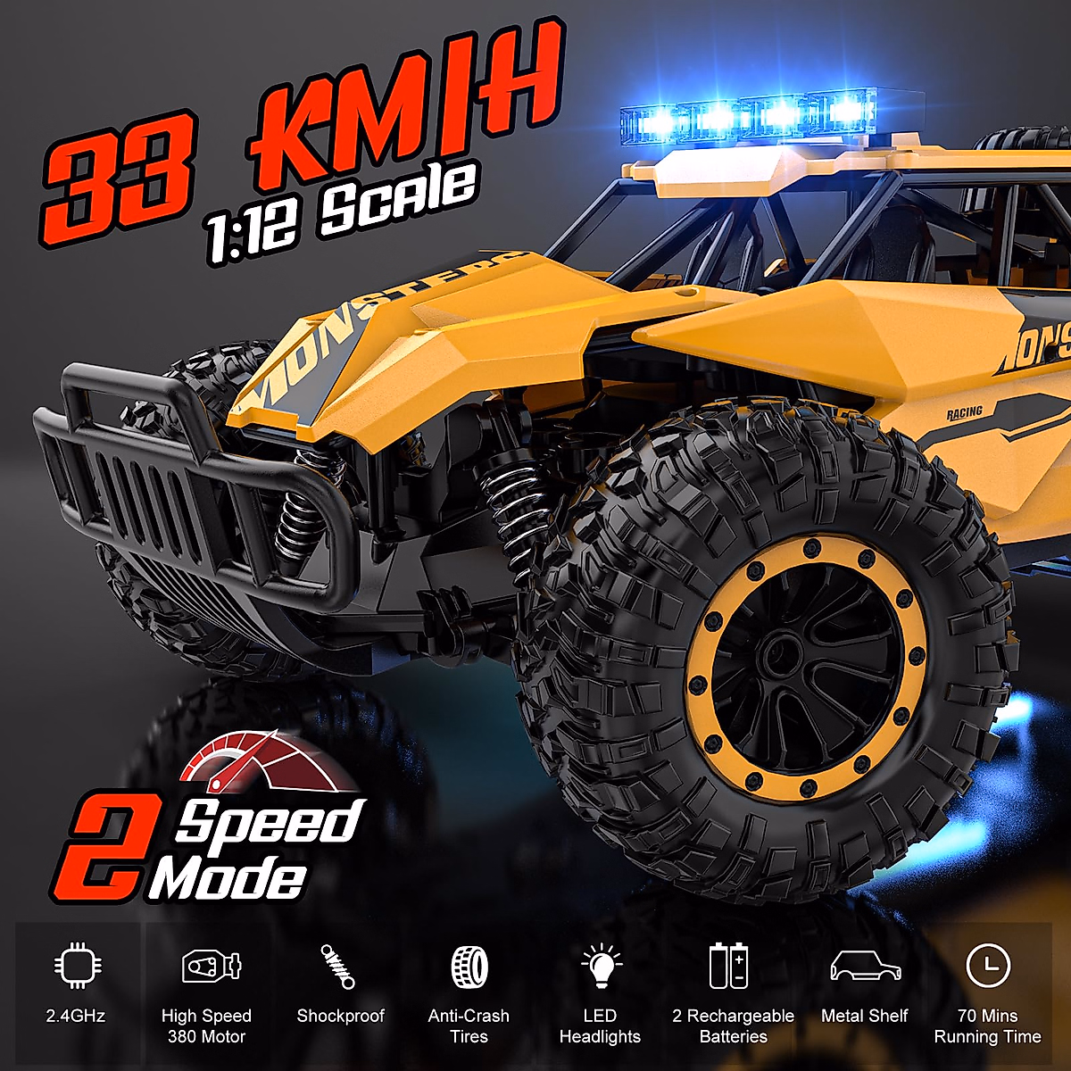 Bluejay Remote Control Car - 2.4GHz High Speed 33KM/H RC Cars Toys, 1:12 Monster RC Truck Off Road Hobby Toys with LED Headlight and Rechargeable Battery Gifts for Adults Boys 8-12 Kids