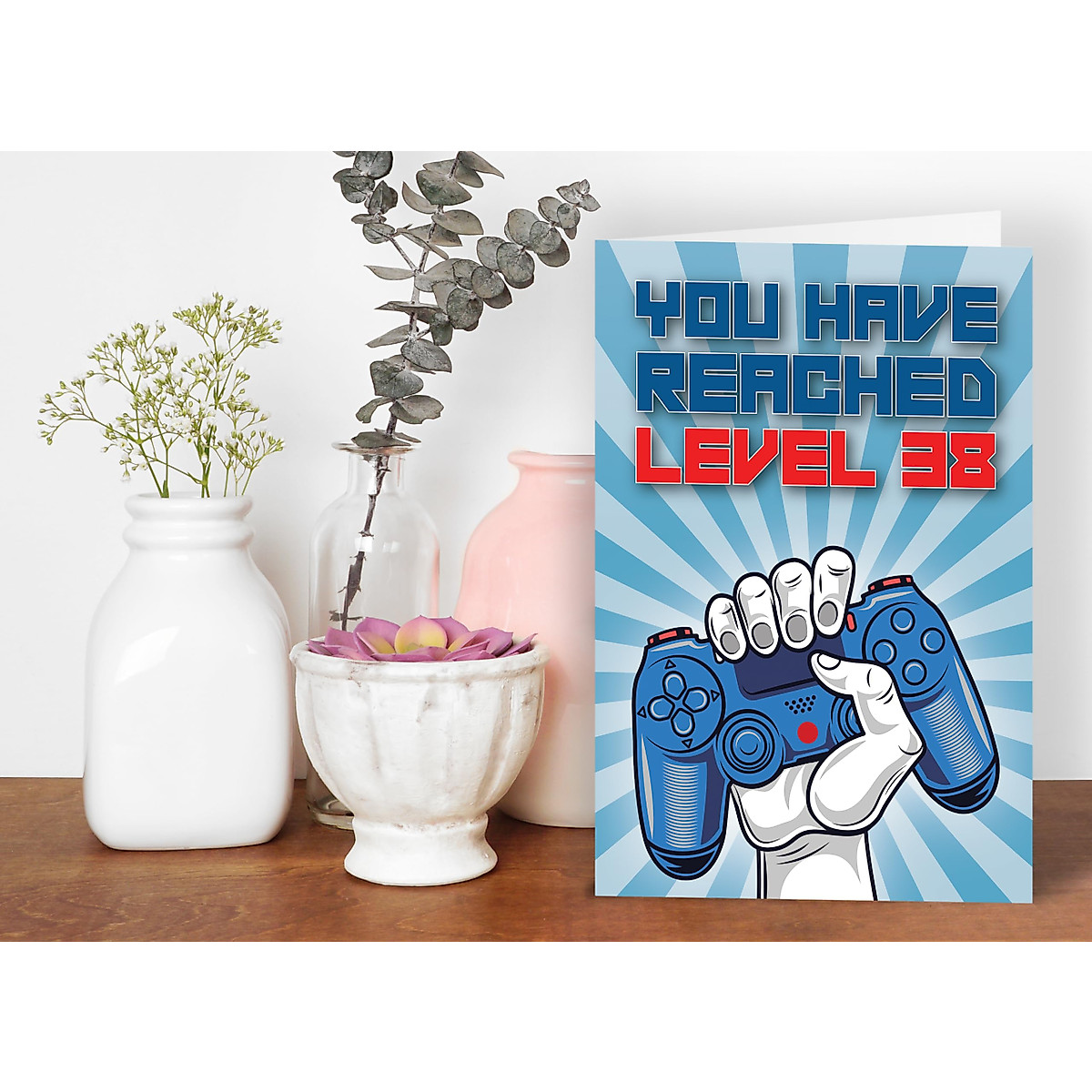 38th Birthday Card, You Have Reached Level 38, Greeting Card for Thirty-Eight Year Old Gamer Birthday Gift for Adult Son or Daughter, For Him Her Mom Dad, Blue