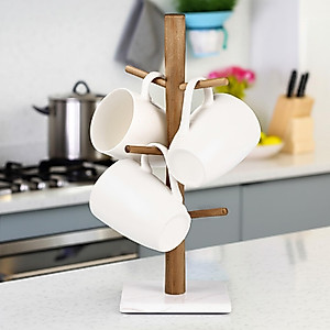 Buruis Wood Mug Holder, Marble Base Cup Rack Tree, Mug Stand Hanger, Kitchen Coffee Mug Tree Countertop Tea Cups Holder Stand, Coffee Cup Dryer with 6 Hooks