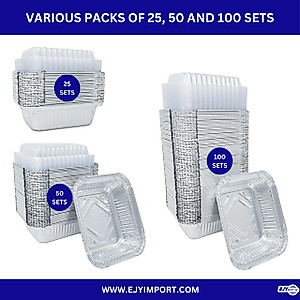EJY IMPORT Disposable Takeout Pans with Clear Dome Lids | 1lb Capacity Aluminum Pans | Food Containers with Strong Seal for Spill Resistance & Freshness | Recyclable & Eco-Friendly | (25 SETS, 1LB)