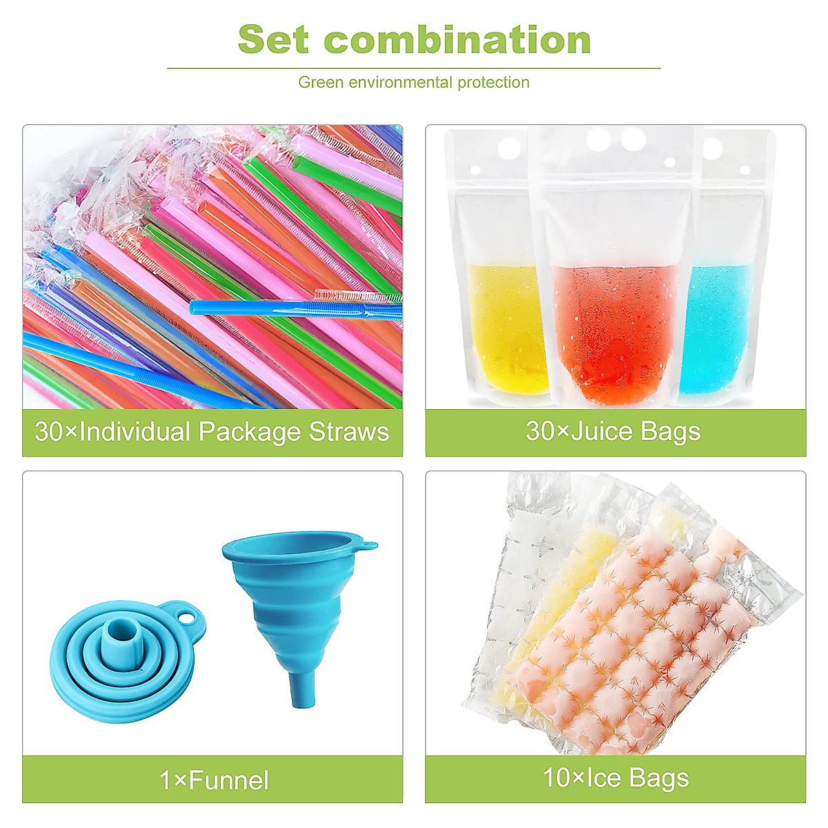 30Pcs Drink Pouches with Individual Package Straws Translucent Frosted Reclosable Zipper Juice Pouches Smoothie Pouches for Cold & Hot Drinks- 10 Ice Cube Bags& Silicone Funnel Included