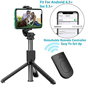 Selfie Stick Tripod with Removable Wireless Bluetooth Remote Shutter Compatible,Lightweight Extendable Aluminum Pocket Selfie Stick for iPhone 11/XR/X/8/8P/7/7P Android Phone，Gopro,Webcam and Camera