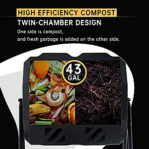 Compost Bin Outdoor Tumbler Compost Dual Chamber 43 Gallon Capacity BPA Free Rotating Batch Composting Tumbler with Sliding Doors All Season Composter for Garden Yard Black