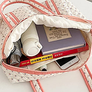 Quilted Cotton Tote Bag Coquette Aesthetic Shoulder Bag Floral Handbag Satchel Purse Cute Kawaii Aesthetic School Bag Work Weekender Bag