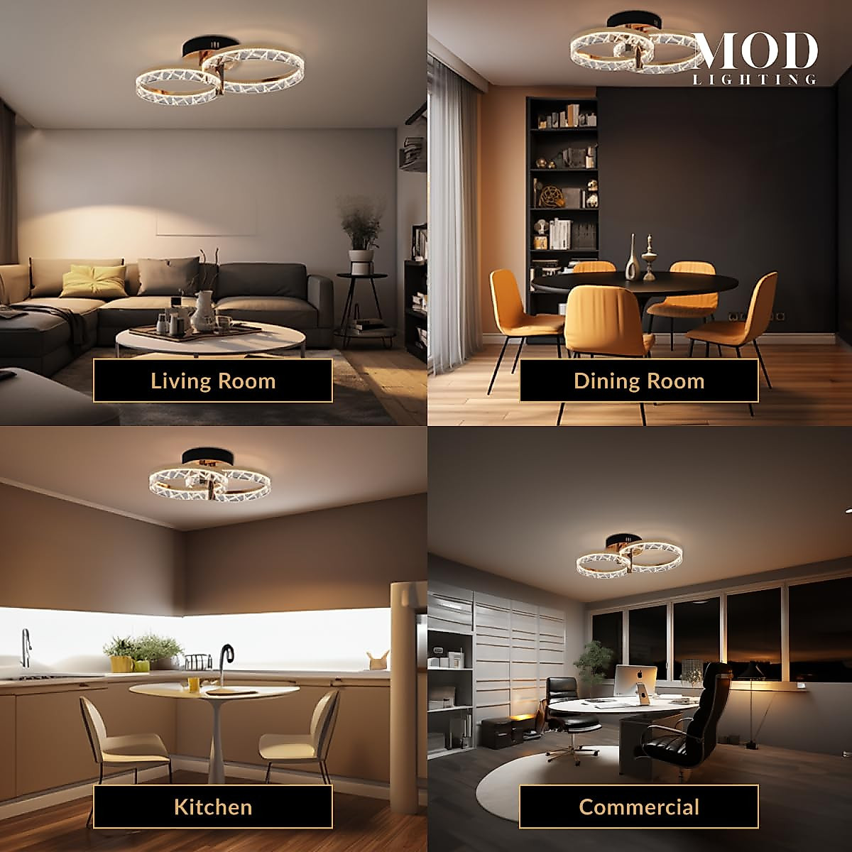 𝗠𝗢𝗗 𝗟𝗜𝗚𝗛𝗧𝗜𝗡𝗚 Clara | Modern Flush Mount Ceiling Light Fixture, 2 Rings LED Ceiling Light for Kitchen, Bedroom & Hallway, Close to Ceiling Lights (Gold & Pearl Black | 14"x22" | Warm White)