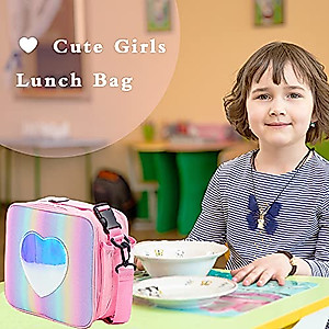 Girls Lunch Box,Insulated Rainbow Tote Bag,Lunch Bag for Kids,Rainbow Lunch Box for Girls School Picnic Travel Outdoor,Pink