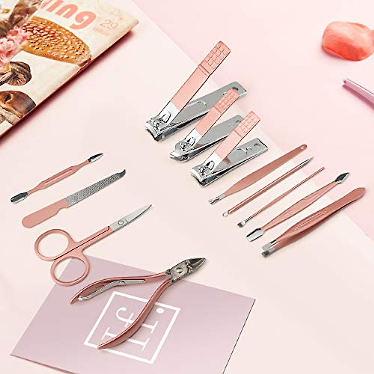 leiwo Manicure Set ,Pedicure Kit Nail Scissors Stainless Steel Professional Toenails Cuticle Cutter Clipper Fingernails Grooming Kit with Pink Leather Travel Case (12pcs Pink)
