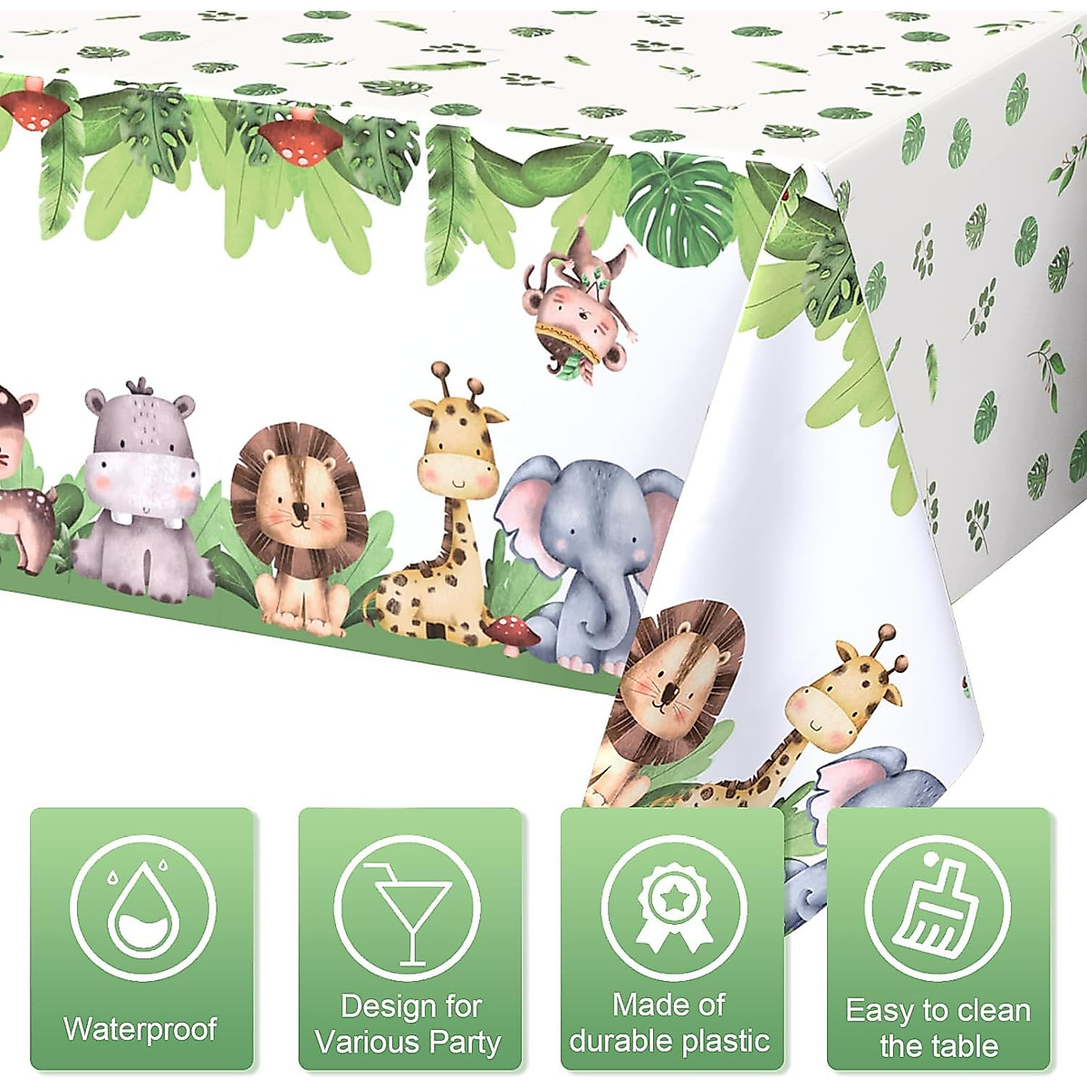 FLUBARE 3Pack Jungle Safari Tablecloths Wild Animals Table Cover, Safari Baby Shower Decorations, 108" x 54" Wild One Birthday Party Supplies (Sage Green)