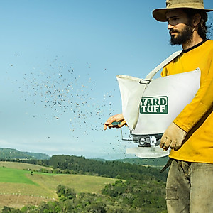 Yard Tuff Outdoor Lawn Garden 25 Pounds Shoulder Seeder and Grass Seed Spreader with Canvas Bag and Shoulder Strap, Green/White