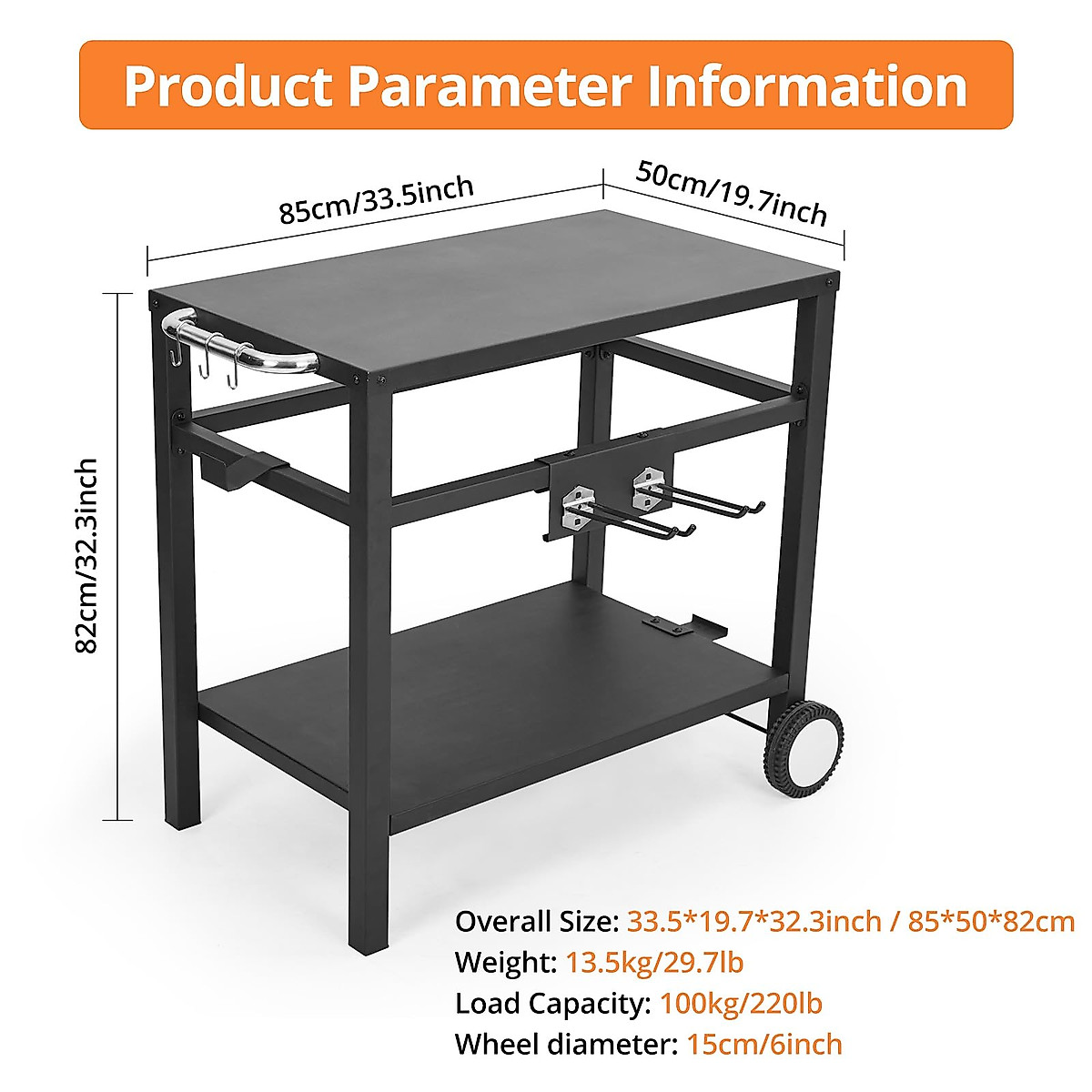 AKDSteel Grill Cart with Wheels & Hooks, Double-Shelf Outdoor Movable Dining Cart Table for Bar Patio Camping Home Cooking Table for Outdoors Stainless Steel
