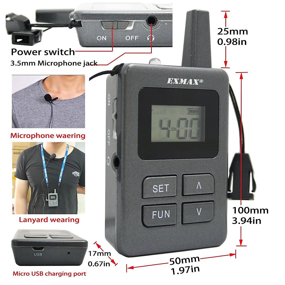 EXMAX ELGT-470 Wireless Tour Guide/Monitoring Audio System 100 Channels Groups for Tourism,Conference,Training,Church,Outdoor Scenic Spots(2 Transmitters & 30 Receivers with 32-slot Charging Case)