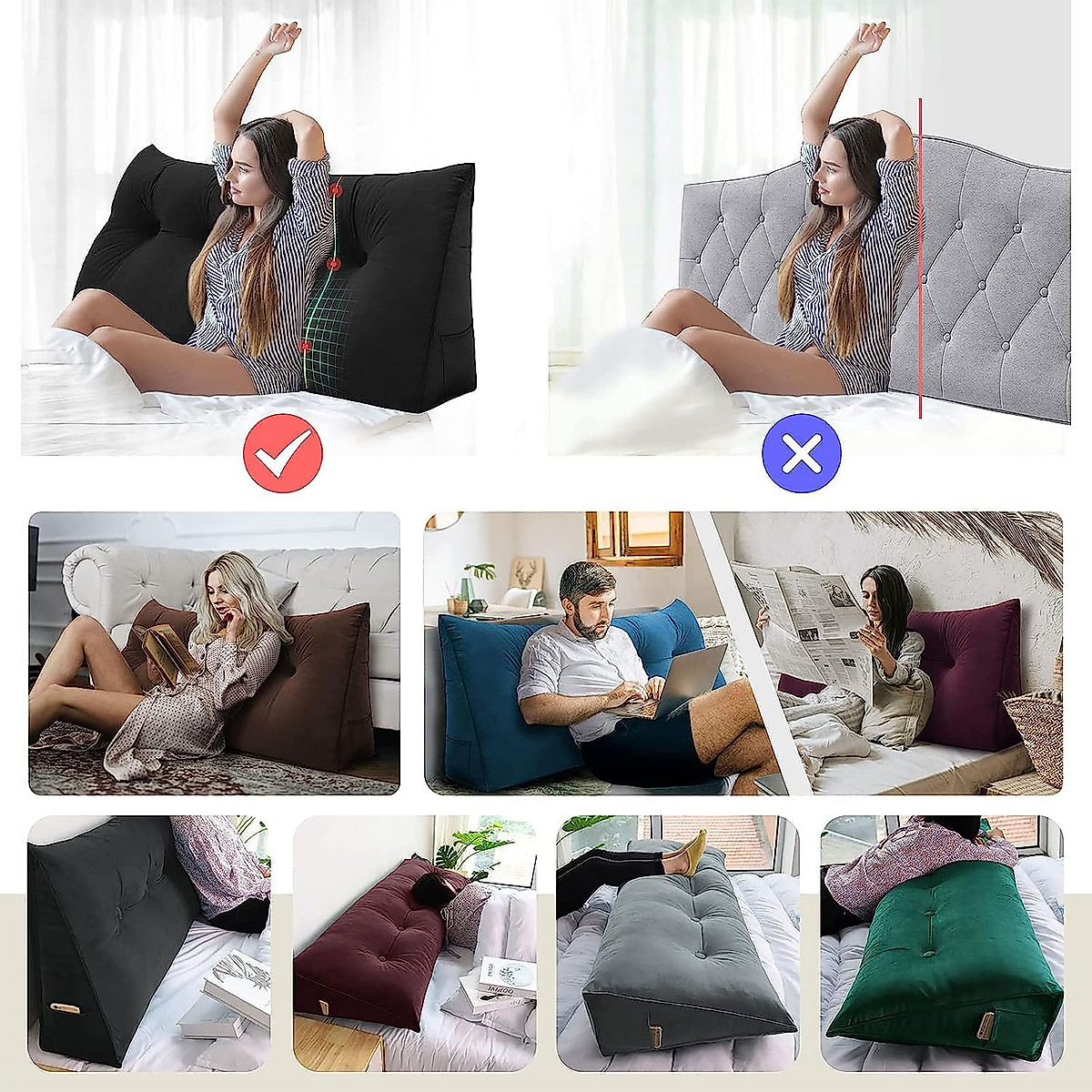 Large Triangular Reading Wedge Pillow, Bed Rest Headboard Cushion Headboard Pillow Bolster Cushion for Twin Full Queen King Daybed Bed Bunk Bed (Color : Black, Size : 31.5inch/80cm)