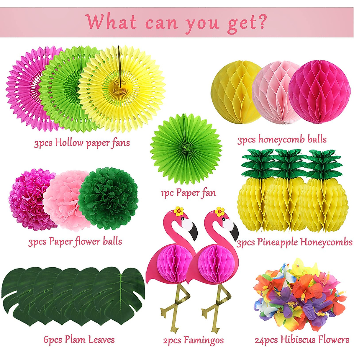 Flamingo Party Supplies, Luau Party Decorations Topical Flamingo and Pineapple Honeycomb Balls Paper Fans Pom Poms Flowers Hibiscus Flowers for Hawaiian Birthday Beach Bachelorette Party