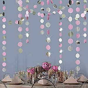 Glitter Silver Pink Circle Dot Garlands Party Decoratoins Polka Dots Streamer/Backdrop/Banner for Girls Birthday/Bday Party Hanging Decor/Bridal Baby Shower/Wedding/Anniversary/Engagement/Sweet 16