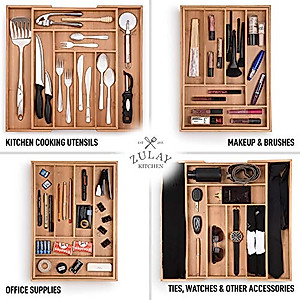 Zulay Expandable Bamboo Drawer Organizer - Adjustable Kitchen Drawer Organizer - Perfect Utensil Organizer For Silverware, Kitchen Knives, Flatware, and More