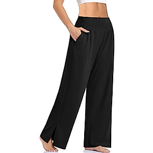 UEU Womens Wide Leg Yoga Pants High Waisted Side Slit Joggers Casual Lounge Sweatpants with Pockets- 28" Inseam (Black, XL)
