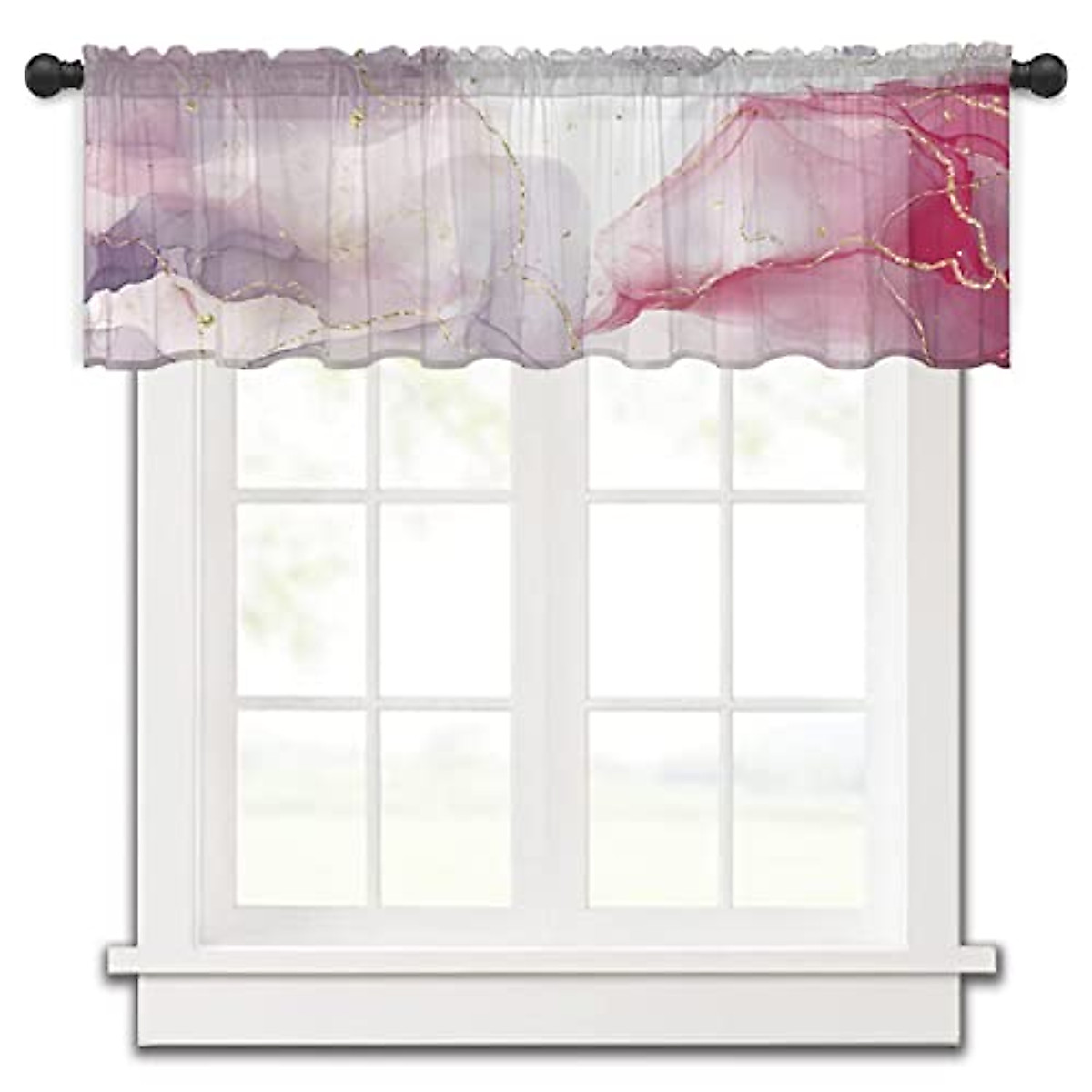 Semi Sheer Curtain Valance for Kitchen Windows Abstract Marble Agate Texture Chiffon Rod Pocket Half Window Curtains Topper for Bathroom/Living Room/Bedroom Pastel Theme Pink Purple White Gold
