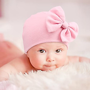 BQUBO Newborn Baby Hospital Hats Beanie Bow Infant Caps Baby Cotton No Scratch Mittens Set for 0-6 Months