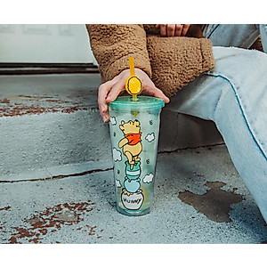 Silver Buffalo Winnie the Pooh Hunny Pot Carnival Cold Cup With Reusable Straw and Leak-Resistant Lid | Holds 24 Ounces