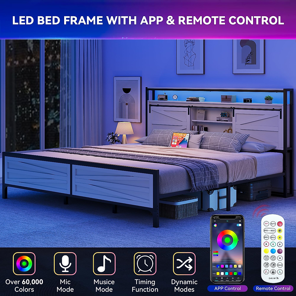 YITAHOME Farmhouse King Bed Frame with Storage Bookcase Headboard, Platform Bed Frame with LED Lights and Charging Station, Sliding Barn Door, Solid Metal Slats, No Box Spring Needed (White)