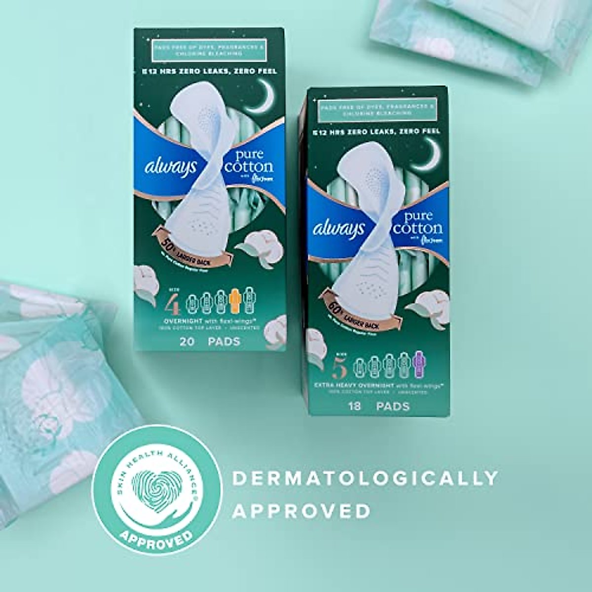 Always Pure Cotton, Feminine Pads For Women, Size 5 Extra Heavy Overnight Absorbency, Multipack, With Flexfoam, With Wings, Unscented, 18 Count x 3 Packs (54 Count total)