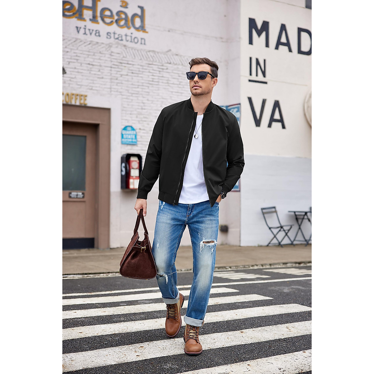 COOFANDY Men Black Bomber Jacket Lightweight Casual Softshell Flight Windbreaker Outerwear Coat Black L