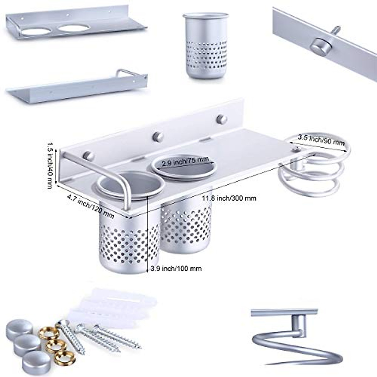 Lmeison Wall Mounted Hair Dryer, Bathroom Hair Care & Styling Tool Organizer Storage Basket, Aluminum Hanging Rack Organizer with 2 Cups for Flat Iron, Curling Wand, Hair Straighteners, Brushes