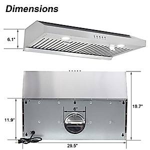 HTH 30 inch Under Cabinet Range Hood in Stainless Steel, 400 CFM Dual Motor Ducted Kitchen Stove Vent Hood with 3 Speed Exhaust Fan, 6" Top Vent, Push Button, Permanent Filters