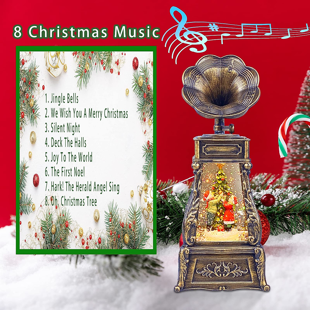 Christmas Snow Globes Musical Snow Globe Water Lantern Swirling Glitter Phonograph with Christmas Tree Kids Snow Globe Lantern Lighted 6H Timer USB Battery Operated Snowglobe Home Christmas Decoration