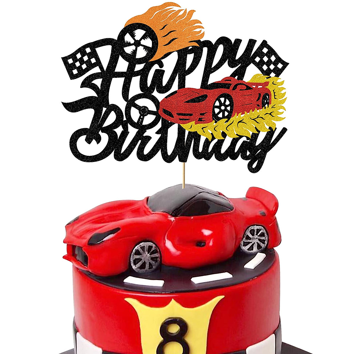 Bdayshop Fire Car Cake Topper Race Cars Cake Decorations Glitter Red Hot Car Cake Toppers for Boys Girls Racing Car Theme Birthday Party Supplies for Kids Baby Shower