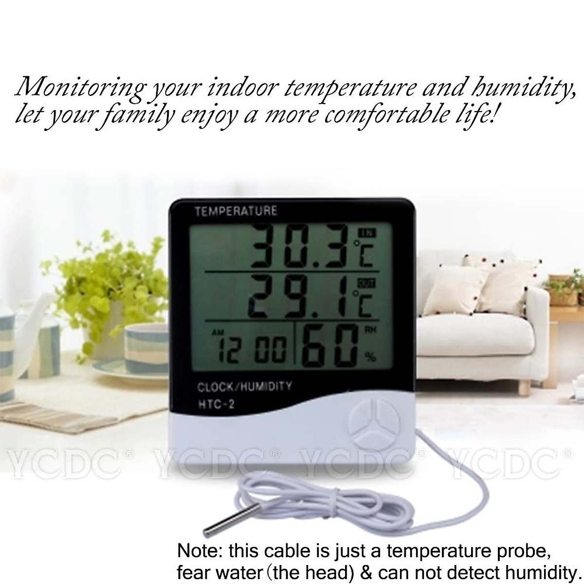 YCDC Digital LCD Temperature Humidity Hygrometer 1.5m Probe Cord, HTC-2 Big Display, More Accurate, Greenhouse Room Indoor Thermometer Monitor,Clock Beep, Fish Tank Temperature Controlling