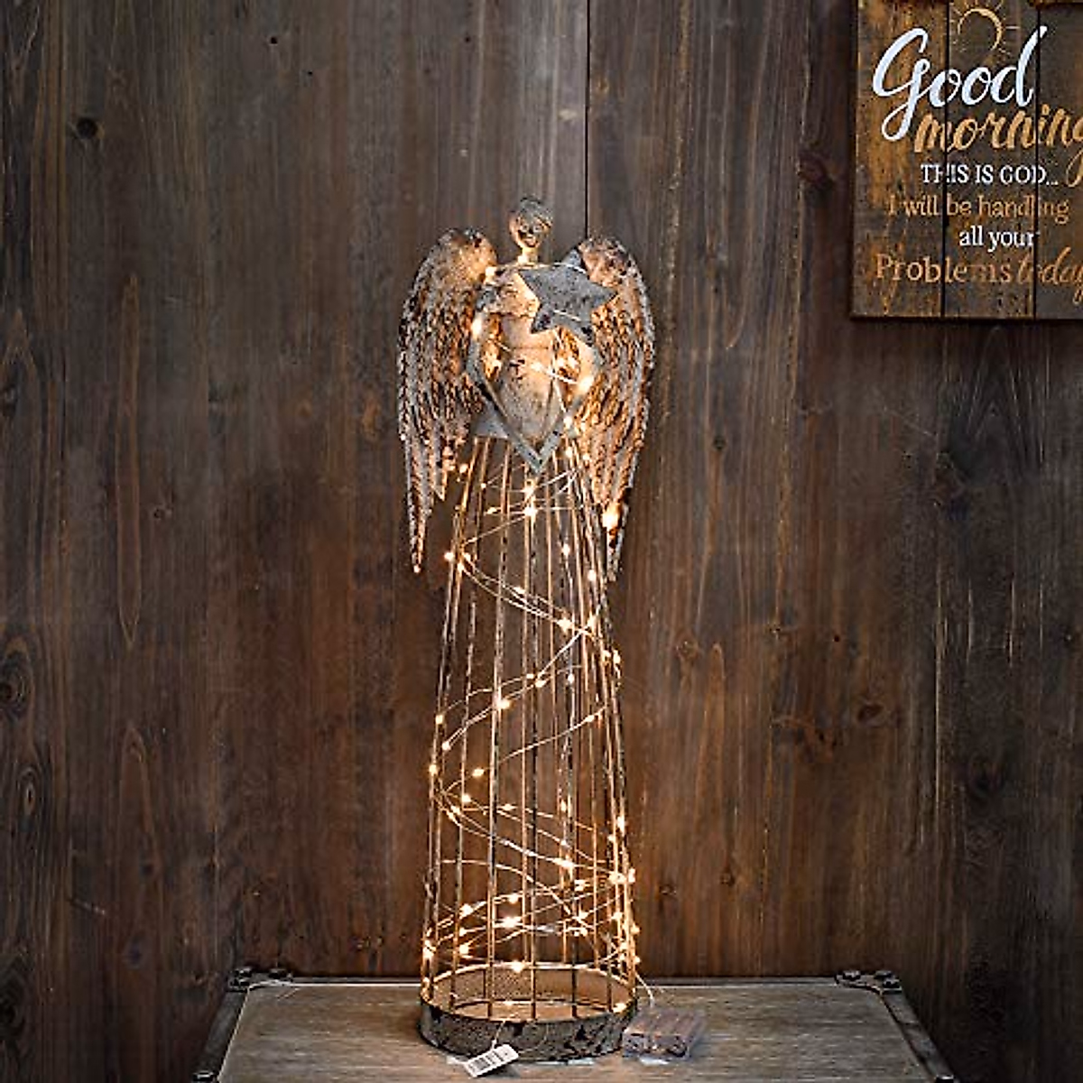 Attraction Design (ATTRG) Antiqued Metal Garden Angel Statue with Star Wand, Indoor Outdoor Angel Yard Art Decor Lawn Patio Decorations Holiday Decor Garden Art