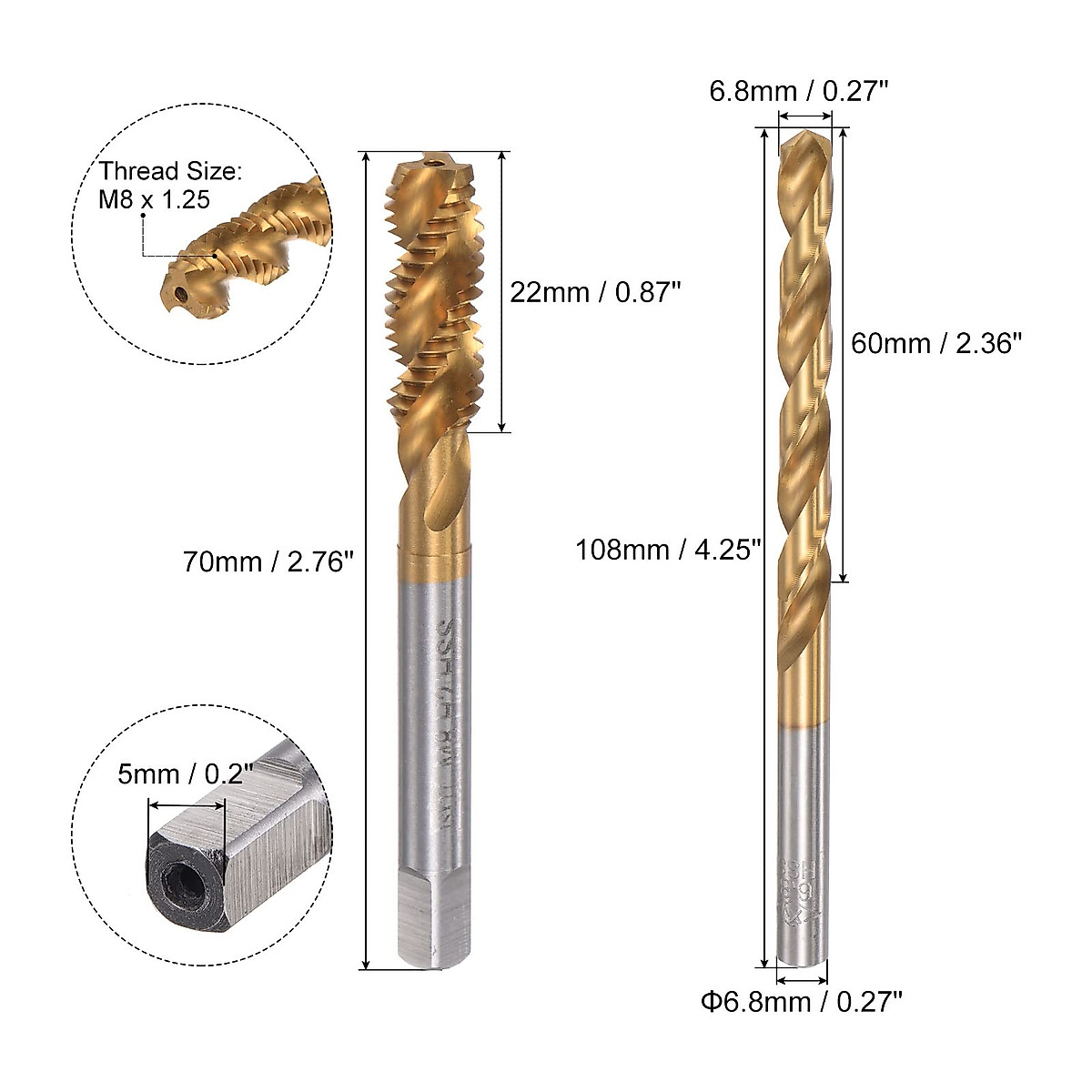 uxcell M8 x 1.25 Spiral Flute Tap and 6.8mm Twist Drill Bit Set, Metric Titanium Plated 6542 High Speed Steel Machine Threading Screw Thread Tap Drilling Tool
