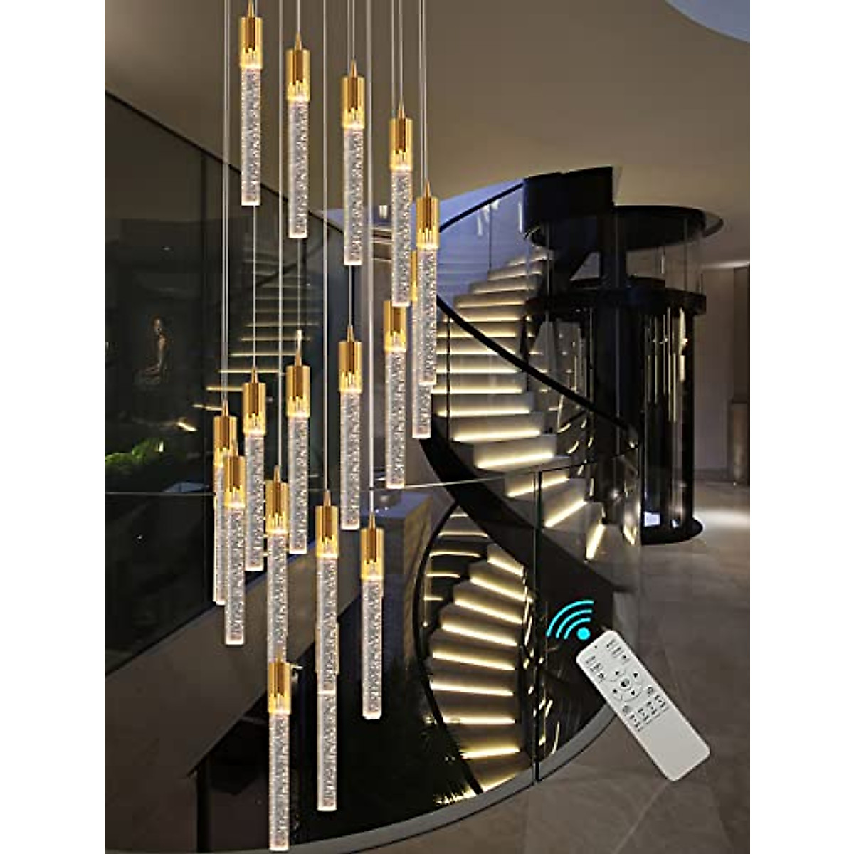 Flashing God H-11.5feet Staircase Crystal Chandeliers Modern 20-Lights Foyer Entrway Long Pendant Chandeliers High Ceiling Crystal Chandeliers with LED Dimmable 3000-6000K Lighting Fixture
