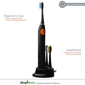 SimpliSonic Ultrasonic Rechargeable Electric Toothbrush Premium Package w/ 12 Heads (Black)