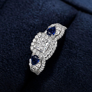 SHELOVES Princess Pear Blue Sapphire Sterling Silver Engagement Ring Wedding Ring Set for Women 6