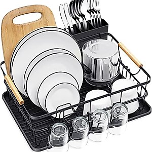TOOLF Dish Drying Rack, High-Sided Dish Rack for Kitchen Counter, Dish Drainer with Utensil Holder and Drainboard, Small Sink Drainer for Sink, Black