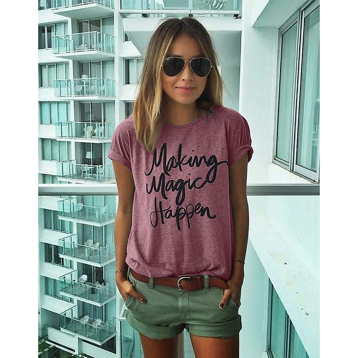 Making Magic Happen Shirt Women Short Sleeve Cute Funny Vacation Tee T-Shirt M Pink