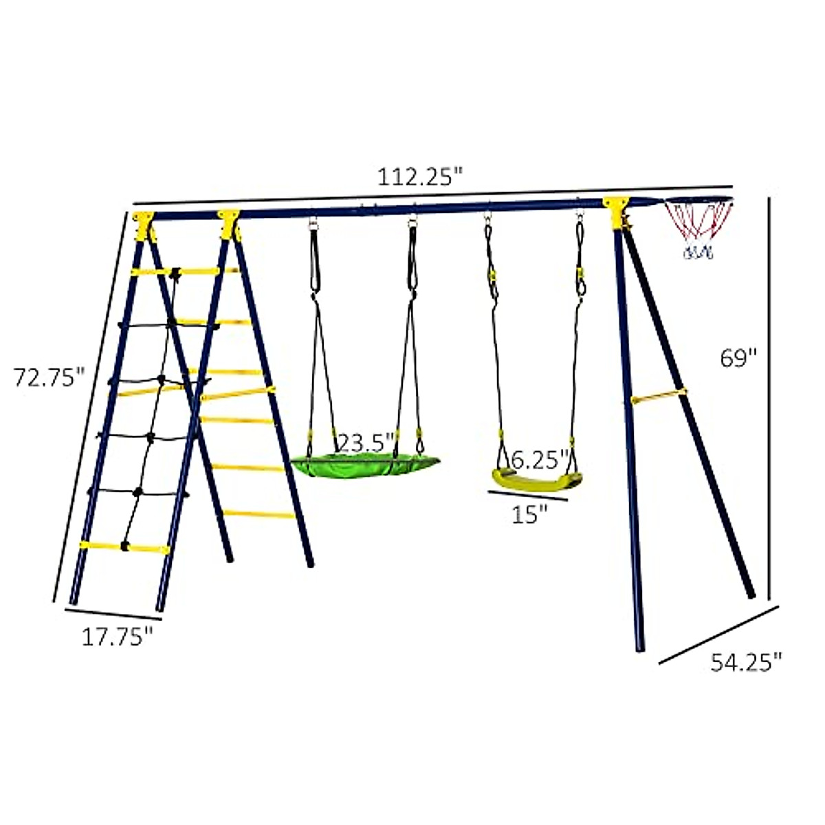Outsunny Kids Metal Swing Set for Backyard, Outdoor Play Equipment, with Saucer Swing Adjustable Swing Seat, Basket Hoop, Climb Ladder, Net, A-Frame Metal Stand, for 3-10 Years Old, Green