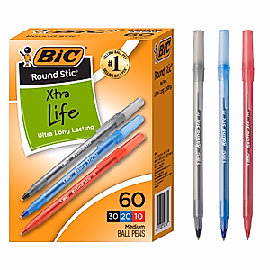 BIC Round Stic Xtra Life Assorted Ink Ballpoint Pens, Medium Point (1.0mm), 60-Count Pack of Bulk Pens, Flexible Round Barrel for Comfortable Writing, No. 1 Selling Ballpoint Pens